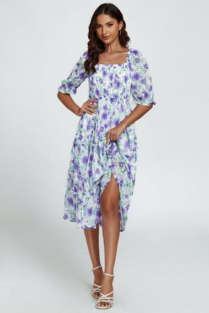 FS Collection Sommerkleid Damen Sommerkleid Smockkleid Midikleid Bardot Puff&auml;rmel Gebl&uuml;mt (S (EU:36 / UK:8) M (EU:38 / UK:10) L (EU:40 / UK:12) XL (EU:42 / UK:14) G