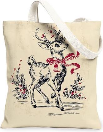 Generic Sacs fourre-tout en toile de cerf de No&euml;l, sacs d&eacute;picerie r&eacute;utilisables, rustiques, l&eacute;gers, lavables &agrave; l&eacute;paule S, beige, 13x15 Inch