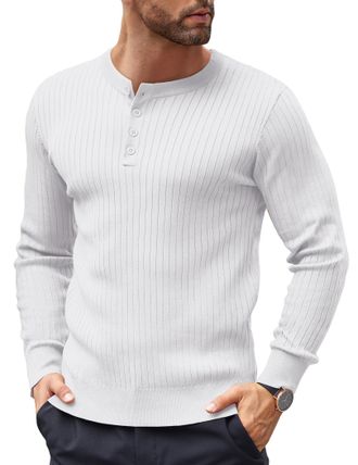 Coofandy Herren Pullover Henley Shirt Strickpullover mit Knopfleiste M&auml;nner Langarmshirt Pulli Slim Fit Wei&szlig; 3XL