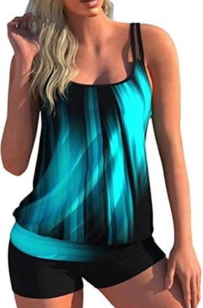 Minetom Maillot de Bain 2 Pièces Femme Tankini Ensembles Maillots Push Up Bikini Set Imprimé sans Manches Débardeur et Short C Vert XL