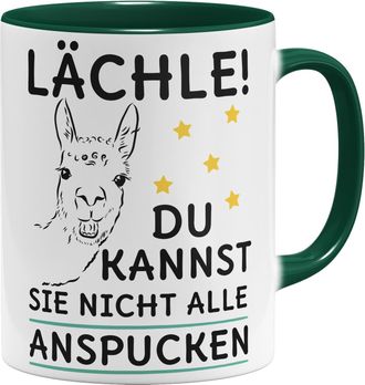 OM3 Lächle du kannst sie nicht alle anspucken Lama Kaffee-Tasse mit Spruch - Motiv Alpaka - Keramik Becher - 325ml - Beidseitig Bedruckt - Grün