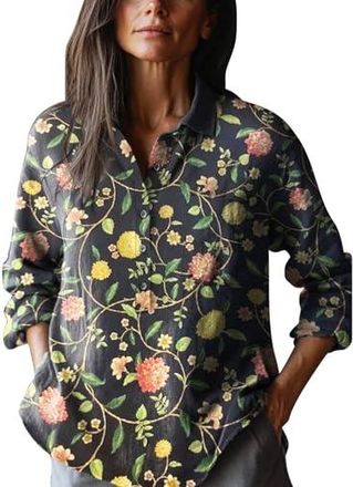 Generico Femme Chemise D&eacute;contract&eacute;e &agrave; Manches Longues Chemisier en Lin Coton Curvy Respirant Blouse Col en V Doux T Shirt Vintage Imprim&eacute; Boutons L&eacute;ger Chemise