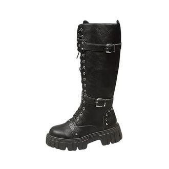 Generic Bottes hautes pour femme &agrave; talon &eacute;pais - &Eacute;l&eacute;gantes - Couleur unie - Semelle &eacute;paisse - Lacets - Boucle - Fermeture &eacute;clair lat&eacute;rale - Classique et confo