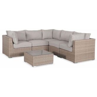 Sweeek Salon de jardin Premium en r&eacute;sine tress&eacute;e arrondie - VITTORIA - 5 places Bois / Beige