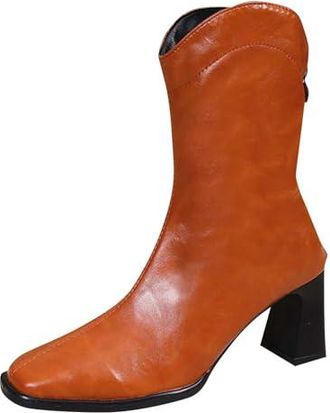 Generic Bottes de cowboy pour femme - Bottes western d&eacute;contract&eacute;es &agrave; bout carr&eacute; - Fermeture &eacute;clair dans le dos - &Eacute;l&eacute;gantes talons &eacute;pais - Bottes mi-mollet con