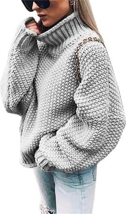 Generic Pull surdimensionn&eacute; &agrave; col roul&eacute; en grosse maille torsad&eacute;e pour femme, gris, XXL