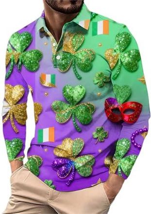 Generic Polo pour homme &agrave; manches longues avec boutons pour la Saint-Patrick - Chemises irlandaises Lucky Shamrock - Polo classique &agrave; col &agrave; revers - Grande ta