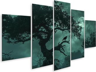 Islandburner Bild auf Leinwand Mystischer Vollmondnacht mit Raben und altem Baum für Schlafzimmer Naturliebhaber Wellness-Spa Bilder Wandbilder Poster