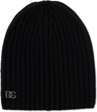 Dolce & Gabbana FXQ22T Ribbed Knit Virgin Wool Winter Hat - Black