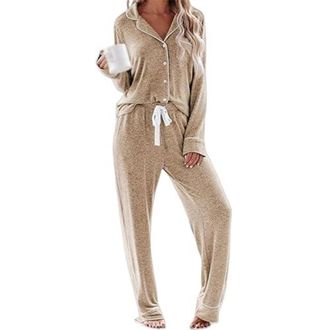 Generic Ensemble de pyjama 2 pi&egrave;ces &agrave; manches longues boutonn&eacute;es pour femme, col crant&eacute;, v&ecirc;tements de nuit, v&ecirc;tements de nuit doux, kaki, XXL