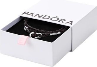 Pandora Pandora Moments Bracelet double en cuir tressé marron avec fermoir en argent sterling