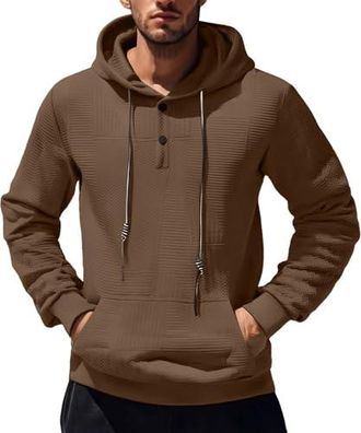 Generic Sweat à capuche pour homme en jacquard à carreaux et col boutonné - Sweat-shirt dhiver de couleur unie avec poche - Pull à manches longues, Sweats à c