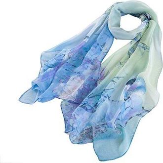 SIGNARE 100% Foulard en soie Oiseau et fleur - Bleu