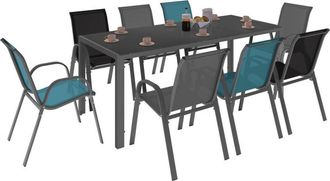IDMarket Salon de jardin MADRID table 190 cm et 8 chaises empilables mix color bleu, gris et noir