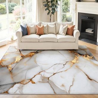 Generic Tapis Rond Salon 120 x 170 cm, Lavable Antid&eacute;rapant Tapis, Abstrait Or Fissur&eacute; Marbre Imprim&eacute; Carpette pour la Chambre la Salle &agrave; Manger et Bureau - G