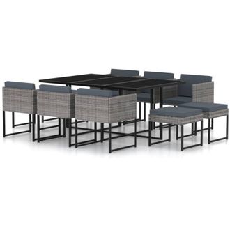vidaXL 11-tlg. Garten-Essgruppe mit Kissen Poly Rattan Grau - Vidaxl