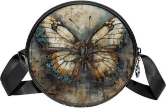 Generic Sac &agrave; bandouli&egrave;re rond pour femme, motif papillon vintage, petit sac &agrave; bandouli&egrave;re avec fermeture &eacute;clair, bretelles r&eacute;glables, sac &agrave; main rond d&eacute;contr