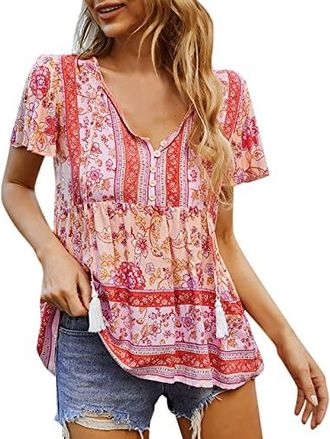 Generic Robes boh&egrave;me 2026 pour femmes, tunique &agrave; manches courtes, col en V, imprim&eacute; floral, rose, XL