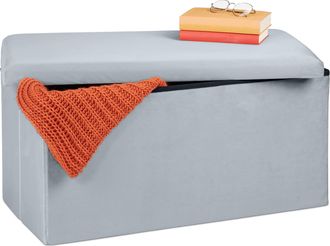 Relaxdays Sitzbank mit Stauraum, Samt, 80 L, Flur, Wohnzimmer, gepolstert, faltbar, Truhenbank, 38x77x39 cm, hellgrau