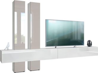 Vladon Wohnwand Moja, Made in Germany, Weiß matt & Weiß/Sandgrau Hochglanz - Moderne Anbauwand für Ihr Wohnzimmer (BxHxT) 330 x 204 x 39 cm