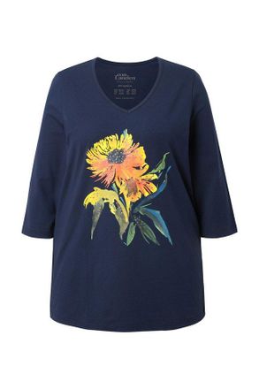 Ulla Popken T-Shirt Shirt Sonnenblume A-Linie V-Ausschnitt 3/4-Arm