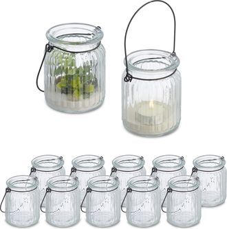 Relaxdays Windlicht, 12er Set, Glas mit Henkel, innen & außen, 9,5 x 8 cm, Hochzeit Teelichthalter, transparent/schwarz