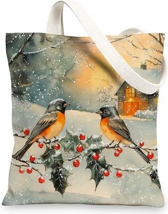 Generic Sac fourre-tout en toile avec motif doiseau doriole de No&euml;l pour le shopping, 33 x 38 cm, motif branches darbre de No&euml;l vintage, sac d&eacute;picerie r&eacute;utili