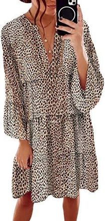 ORANDESIGNE Femme Robe de Plage Été Bohême Mini Robes Col V Léopard Imprimée Manches Longues Grande Taille Sexy Casual Robe B Marron XL