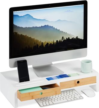 Relaxdays Monitorständer, 2 Schubladen, PC Erhöhung für Schreibtisch, Bambus & MDF, HBT: 12 x 55,5 x 27 cm, weiß/Natur, Bambus + MDF L