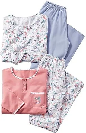 Damart Lot de 2 Pyjamas Maille Jersey Pur Coton peigné Femme Rose Imprimé Taille 54-56 (XXL)