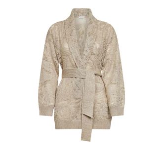 Brunello Cucinelli Belted Sequined Open-knit Cardigan - - Knitwear - Damen - Beige - S