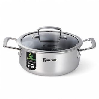 Bergner STEELBLUE | Po&ecirc;le hybride Tri-Ply sans PFAS 24 cm avec couvercle en verre | Rev&ecirc;tement c&eacute;ramique CERATECH | Acier inoxydable | 3 couches | Convient &agrave; 