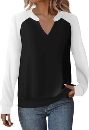 Generic Sweat-shirt léger pour femme, col en V, basique, uni, manches longues, coupe ample, pull dautomne, Z02 - Noir, 3XL