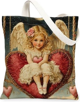 Generic Sac fourre-tout vintage en toile avec ange pour le shopping, 33 x 38 cm, sac d&eacute;picerie r&eacute;utilisable pour femme, peinture esth&eacute;tique de vacances, d&eacute;cor