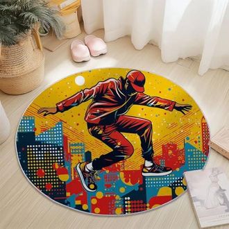 Generic Tapis Rond Salon 150cm, Abstrait Style Lavable Antid&eacute;rapant Tapis Graffiti Rue Skateboard Sport Imprim&eacute; Carpette Convient pour la Chambre la Salle &agrave; M