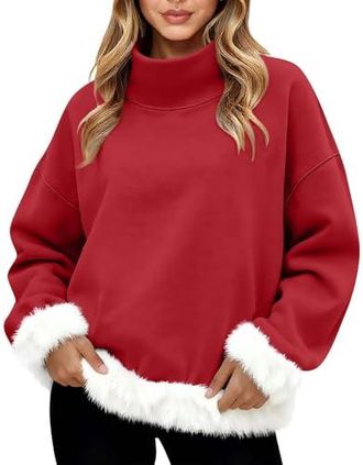 Generic Pull surdimensionné à col montant et col roulé pour femme - Pull de Noël amusant en polaire avec poignets et ourlet en peluche, Rouge-b, S