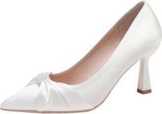 Generic Qynthra Escarpins de Cour Femme Satin D&eacute;tail Noeud Perle Bout Carr&eacute; Talon Fin &agrave; Enfiler Bout Pointu Pumps Large 6CM/8CM Talon Moyen Chaussures de Vill