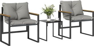 OUTSUNNY Salon de jardin - Outsunny - 3 pi&egrave;ces 2 places - 2 fauteuils 1 table basse en verre tremp&eacute; et coussins - m&eacute;tal et textil&egrave;ne - gris