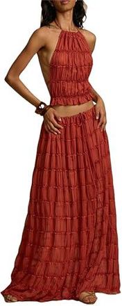 Generic Ensemble de 2 jupes longues d&eacute;t&eacute; pour femme, dos nu en dentelle, haut court, v&ecirc;tements de plage, jupes longues &agrave; volants fluides, Rouge, S