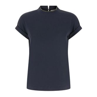 Brunello Cucinelli T-shirt en jersey de coton stretch avec superposition pr&eacute;cieuse - Femme - Tops - Bleu - Taille: 40 FR