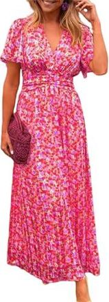 Generic Robe longue en mousseline de soie avec col en V et imprimé floral pour femme, Rouge, XXL