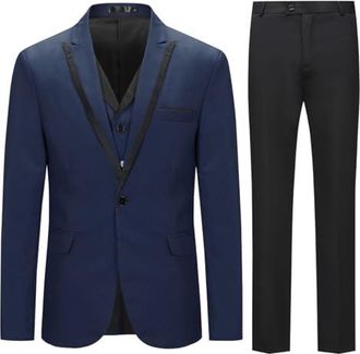 AlltheMen Costume 3 pièces Homme Un Bouton Blazer Col Regular Business Slim Fit pour Mariage Bleu Marine L