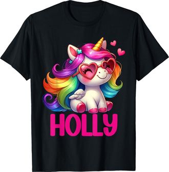 BDAZ Holly Personalisierter Name Buntes Einhorn Frauen Mädchen T-Shirt