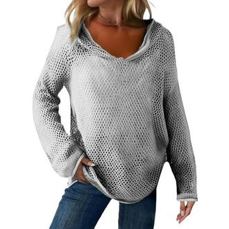Generic Pull pour femme en crochet ajour&eacute; &agrave; manches longues et &eacute;paules tombantes - Pull &agrave; capuche l&eacute;ger - Coupe ample - Cache-maillot de plage d&eacute;contract&eacute; au 