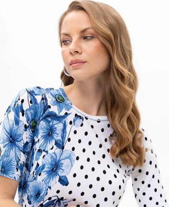 Passioni T-Shirt mit gepunktetem Muster und Blumen Sommer T-Shirt mit Punkten und blauen Blumenprint