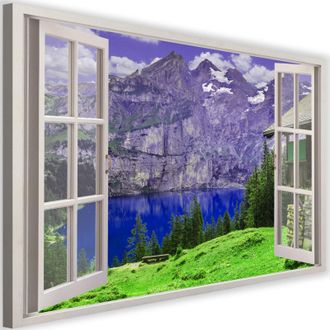 Feeby Bild auf Leinwand Fensterblick Kunstdruck Modern Berge Natur mehrfarbig 90x60 cm