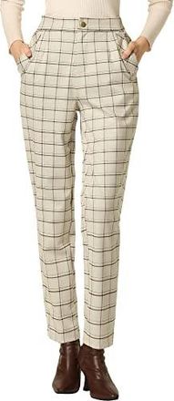 Allegra K Pantalon &agrave; Carreaux Tartan Vintage pour Femmes, Taille &eacute;lastique, Pantalons Longs Droits Beige S