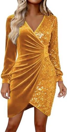 Generic Robe de f&ecirc;te pour femme en velours dor&eacute; avec paillettes - Manches longues - Tendance et sexy - Robe d&eacute;t&eacute; moulante, or, 3XL