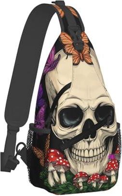 Generic R&eacute;glable Sacoche Homme Bandouliere Champignons magiques, cr&acirc;ne, papillon, art Sacs Poitrine Durable Sac Poitrine pour Homme Femme Randonn&eacute;e