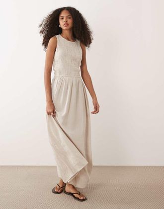 River Island Gesmoktes Midikleid in Leinenoptik in Steinbeige-Neutral
